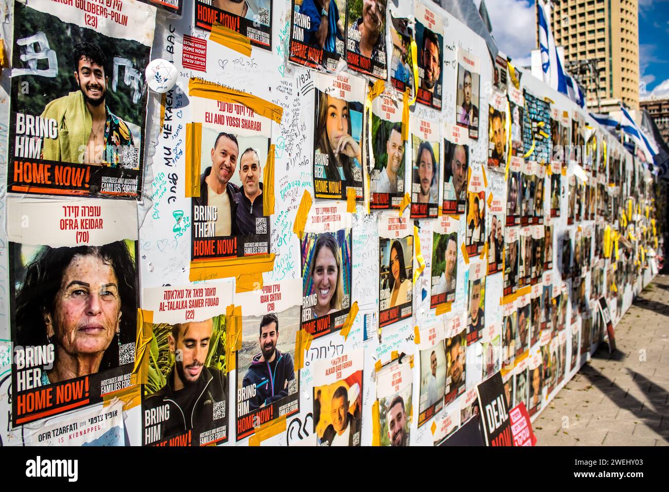 Tel Aviv, Israel - January 25, 2024 Posters of the face of the hostages ...