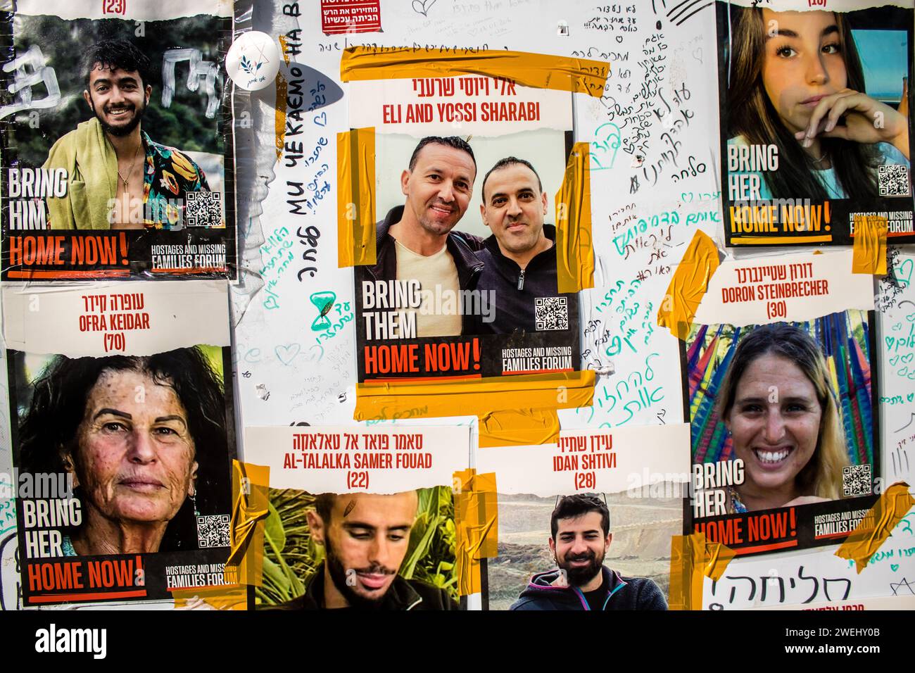 Tel Aviv, Israel - January 25, 2024 Posters of the face of the hostages ...
