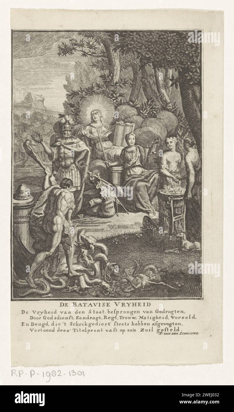 Allegorical representation with freedom hats, Hercules, Faith and ...