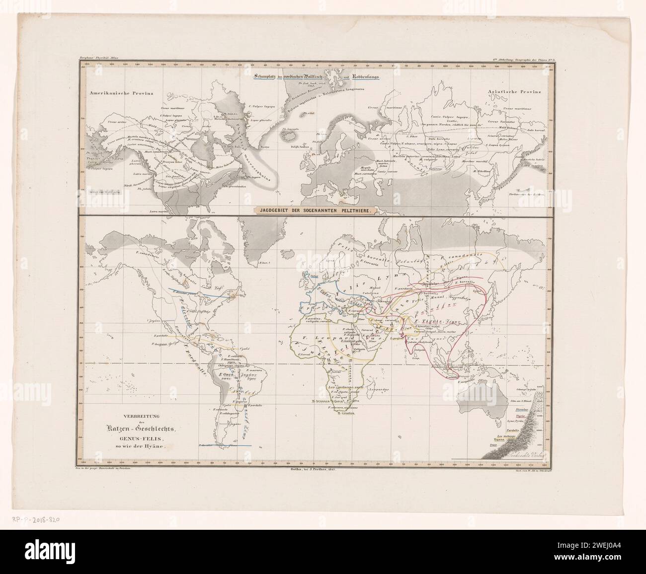 World map with the habitats of different catalists, Anonymous, 1845 ...