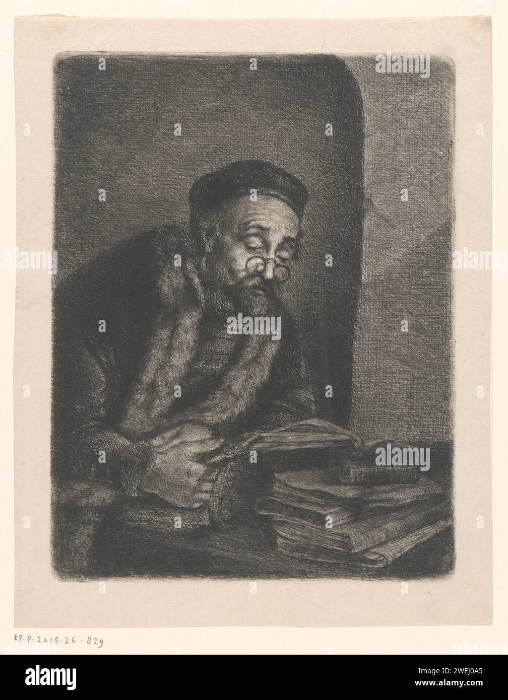 Reading man behind a table with a stack of books, 1800 - 1899 print The ...