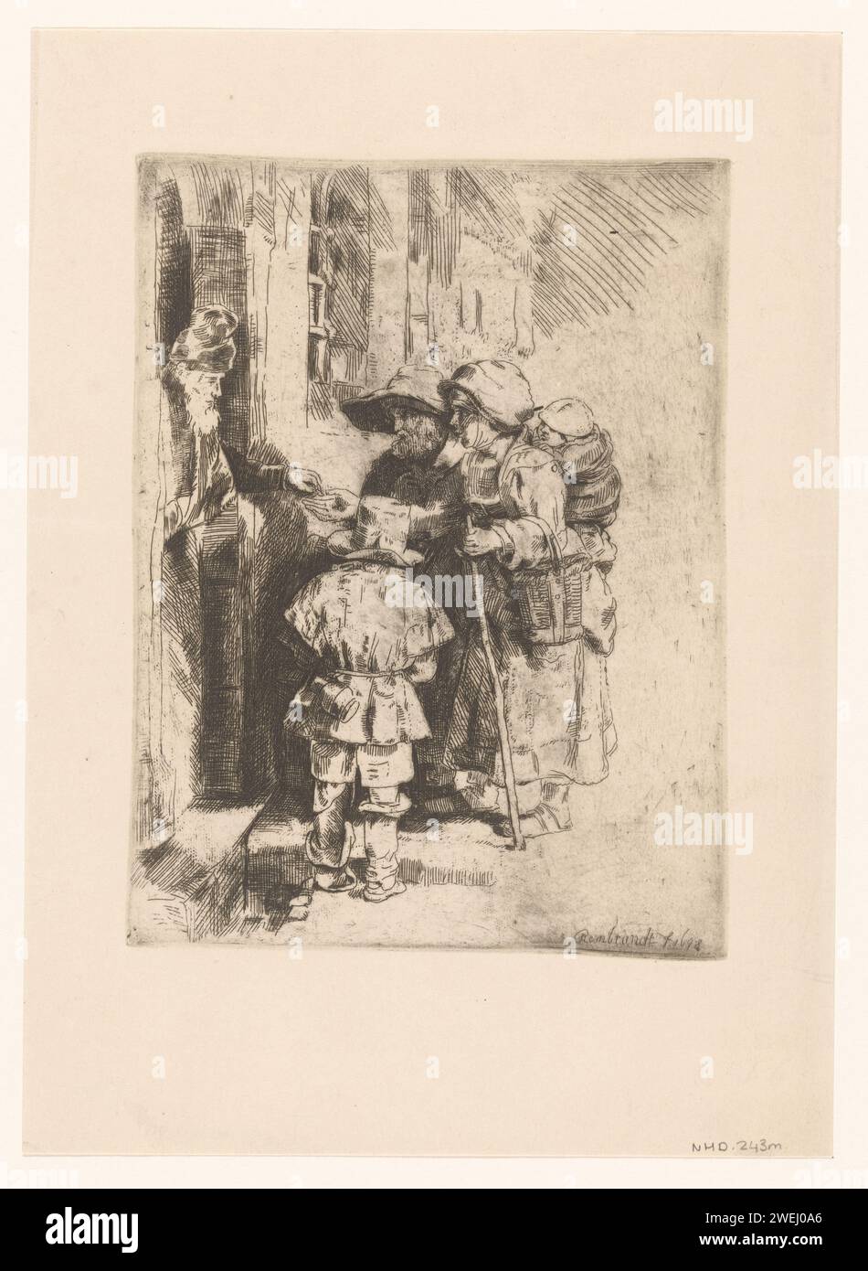 A blind hurdy-gurdy player and family receiving alms, anonymous, after ...