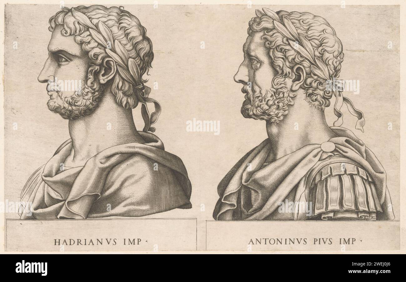 Portrait busts of Roman emperors Hadrianus and Antoninus Pius ...