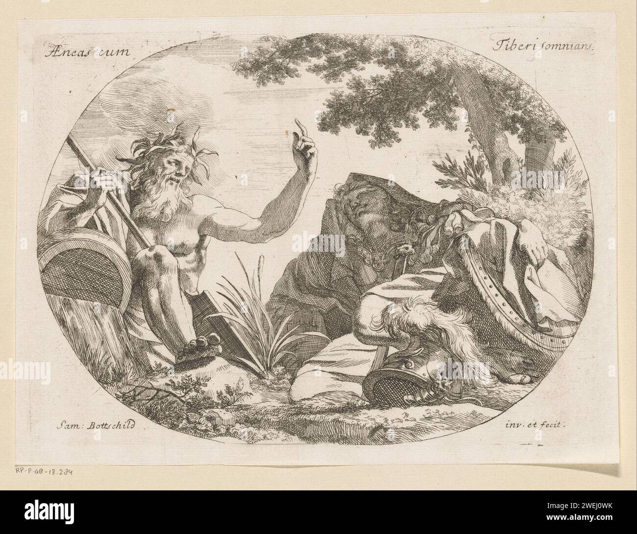 Tiberinus appears on the sleeping Aeneas, Samuel Bottschild, 1693 print ...