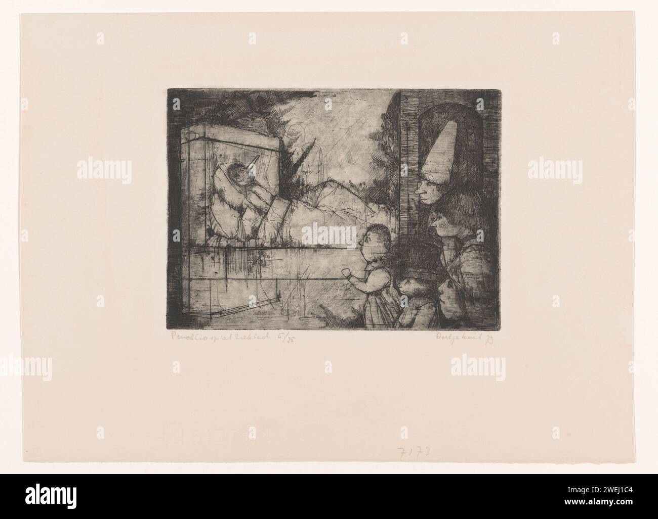 Pinocchio on the sickbed, 1979 print Boy with long nose lying in bed ...