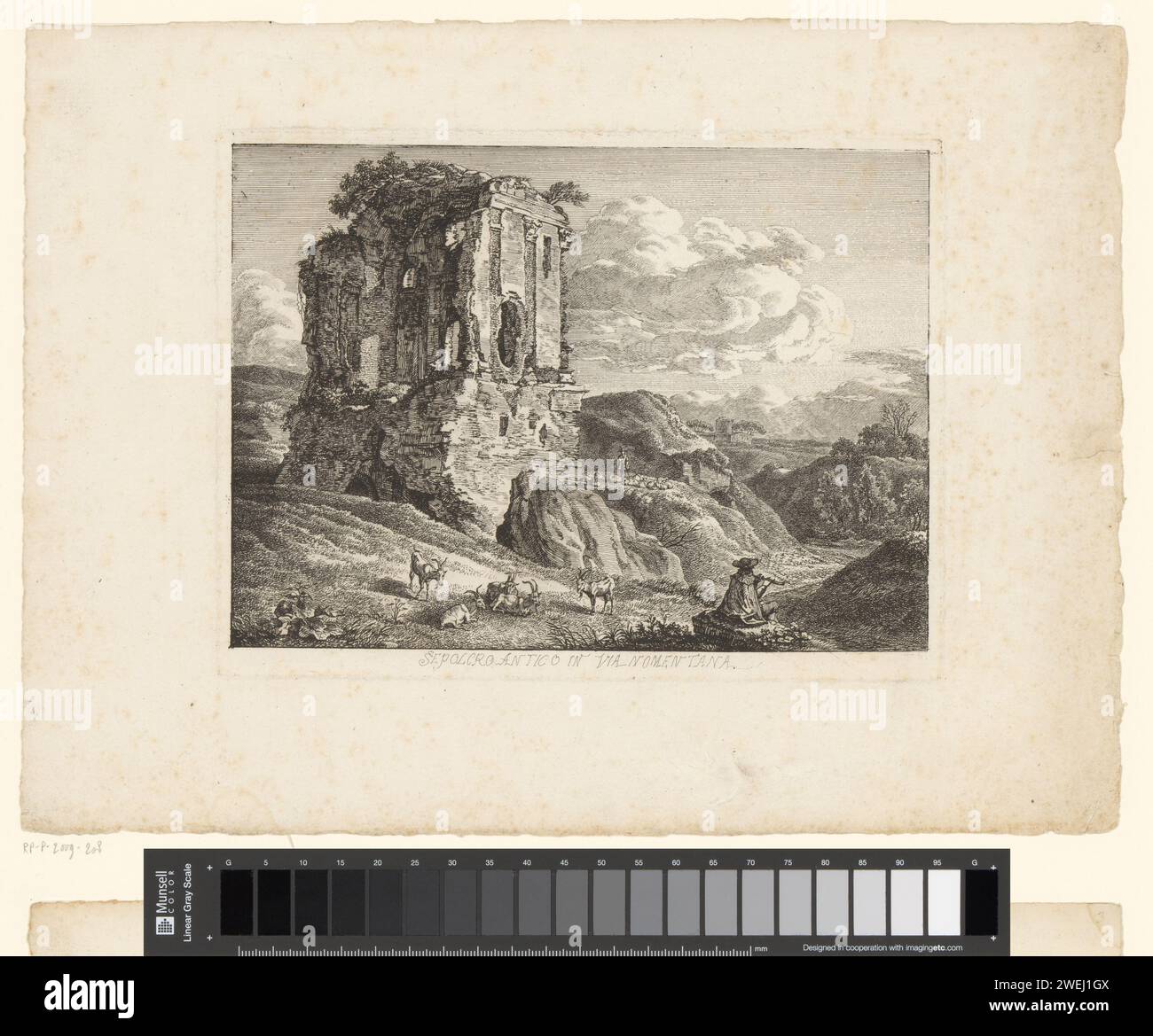Antique tomb on Via Nomentana, 1792 print paper etching landscape with ...