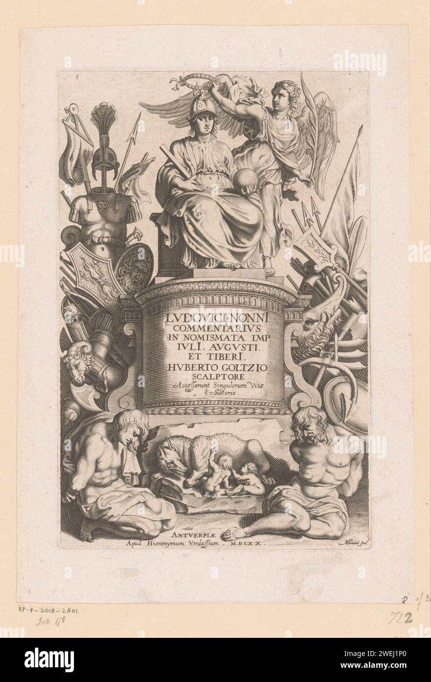 Personification of Rome, seated on a column and crowned by the victory ...