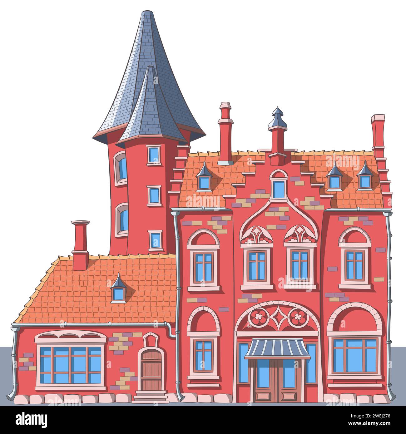 Vector drawing of a traditional old stone house with towers in Bruges ...