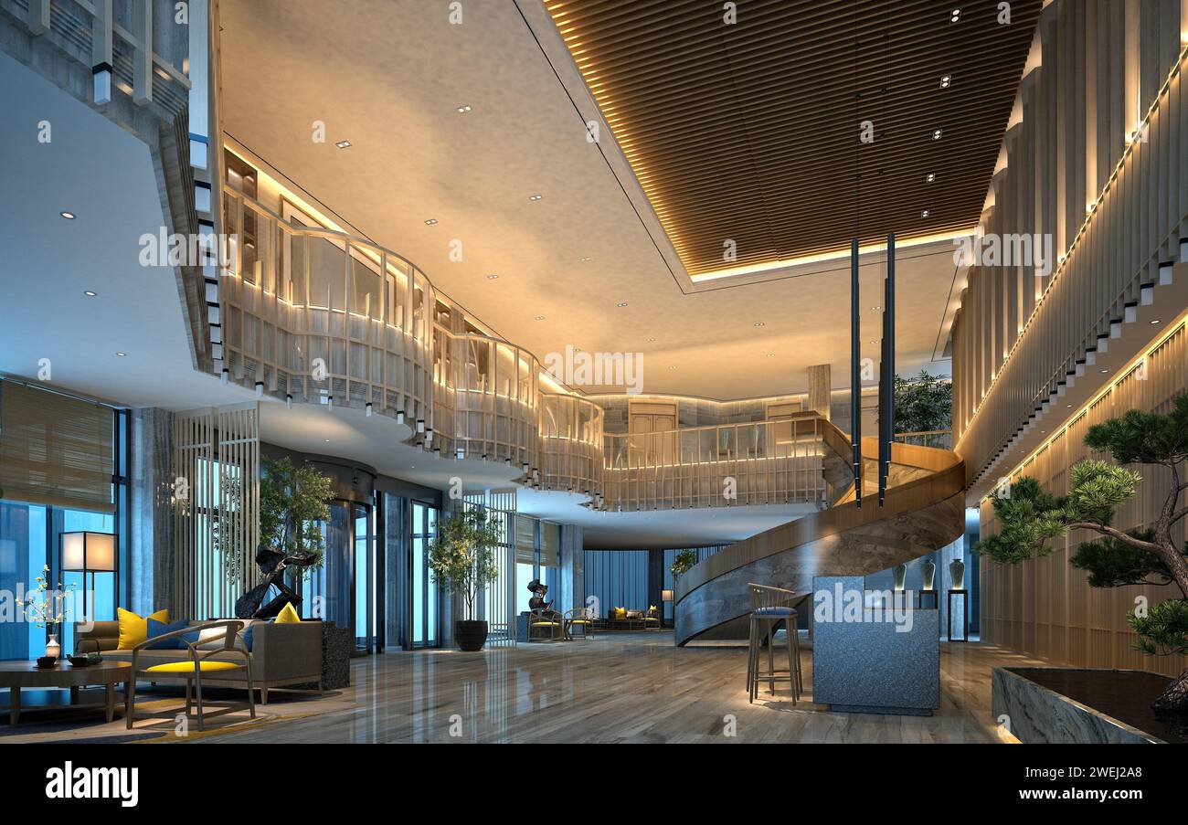 3d render luxury building entrance reception lobby Stock Photo - Alamy