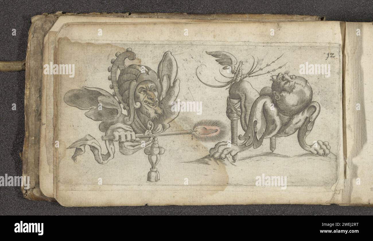 Twee Grotesken, 1576 - 1650 print Two grotesken. The left with helmet ...