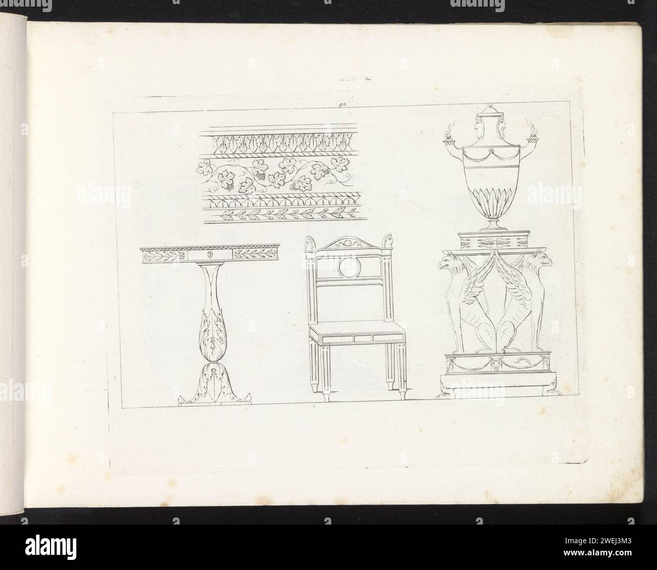 Ornamental edge, a table, a chair and an oil roaster, Pietro Ruga ...