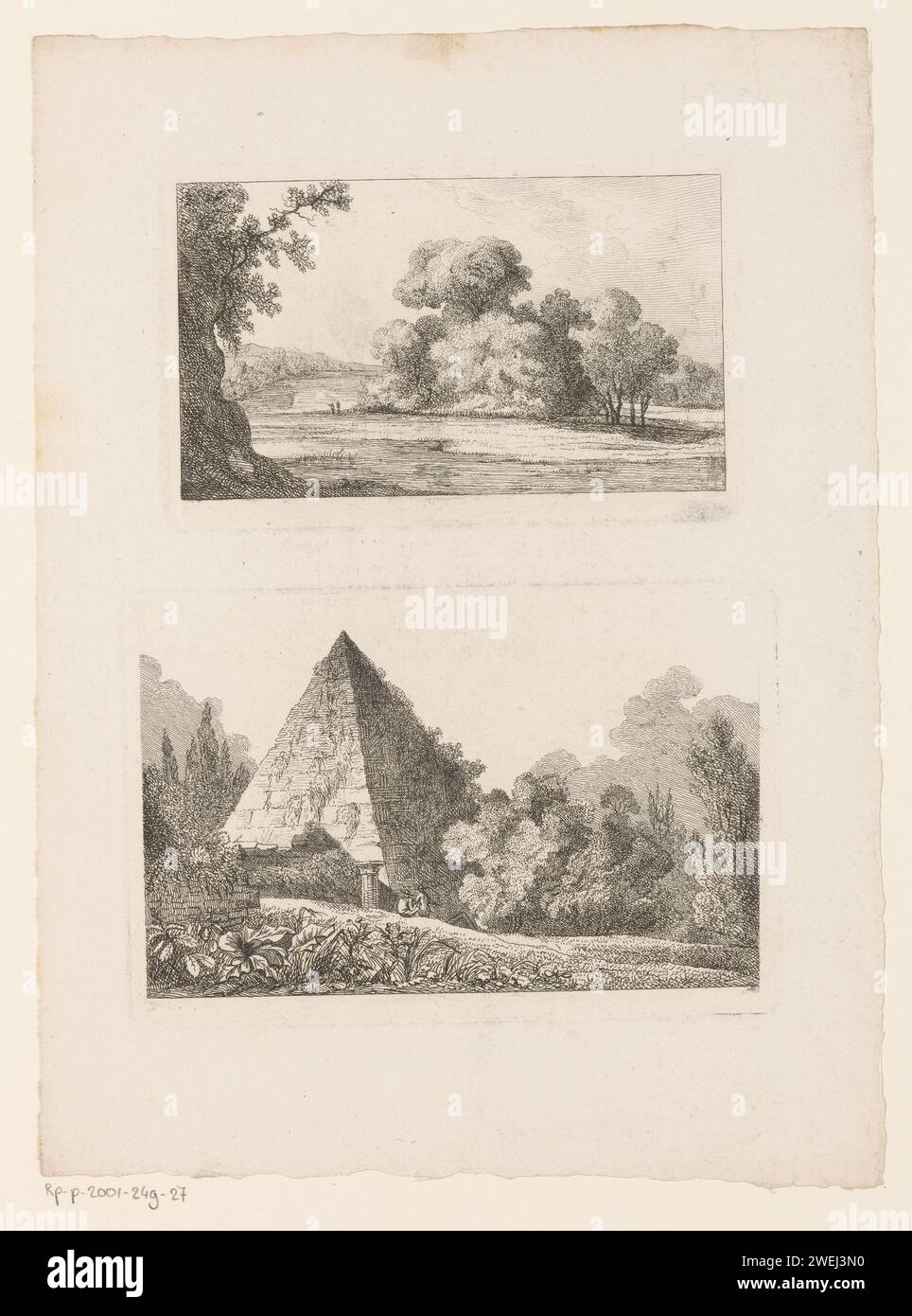 Two Landscapes, 1804 print Above a rolling landscape with trees. Under ...
