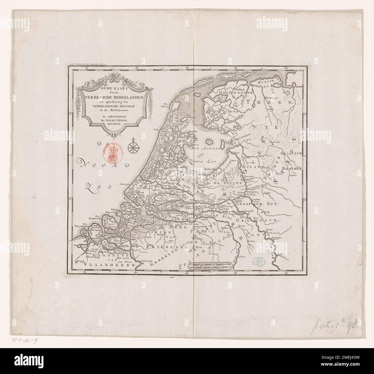Historical map of the Netherlands in the Middle Ages, 1749 print ...