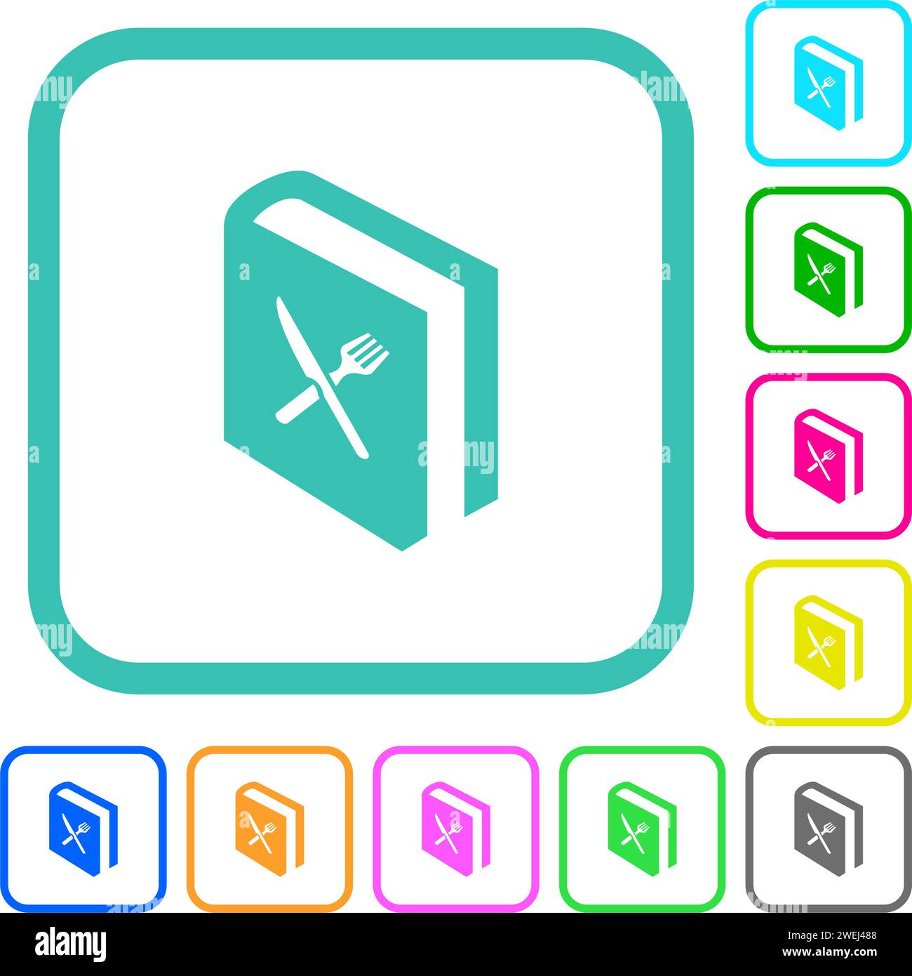 Cookbook with knife and fork vivid colored flat icons in curved borders ...