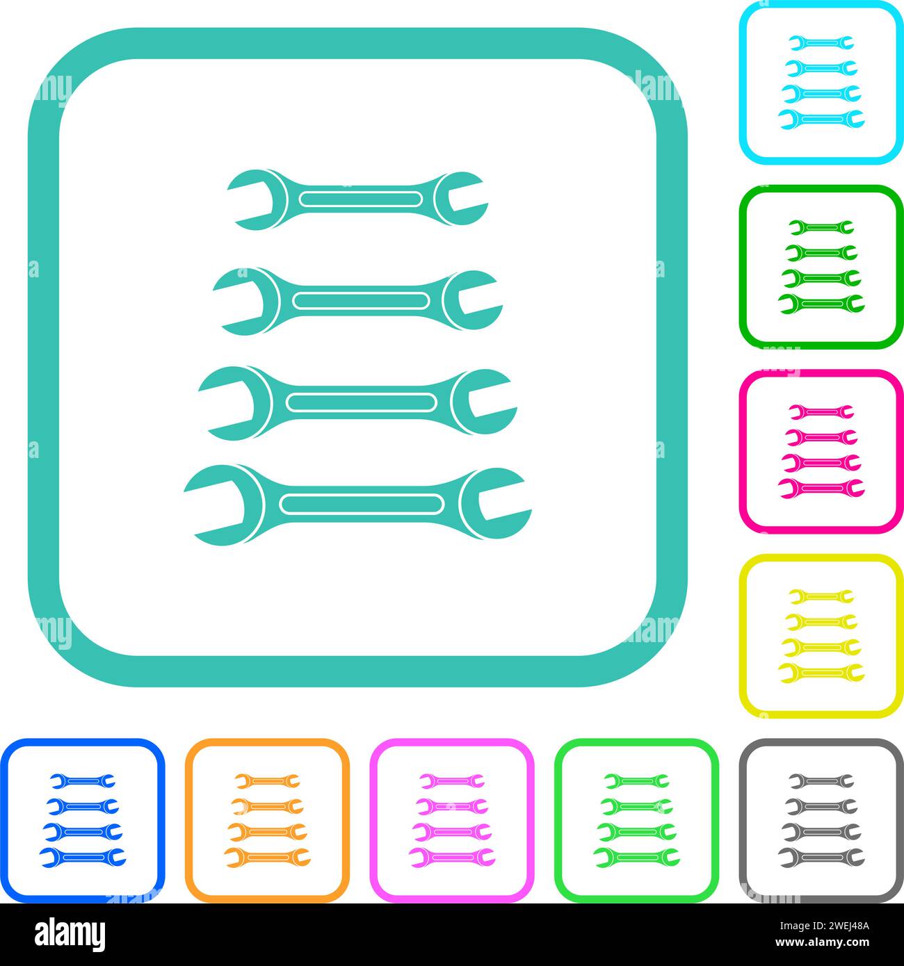 Set of wrenches vivid colored flat icons in curved borders on white ...