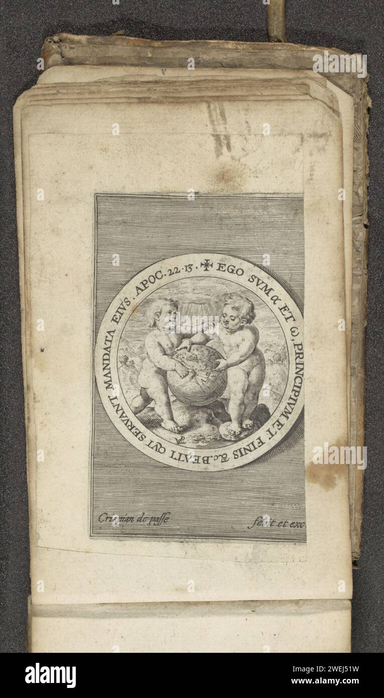 Two putti with a globe, 1594 print Medallion with two putto that holds ...