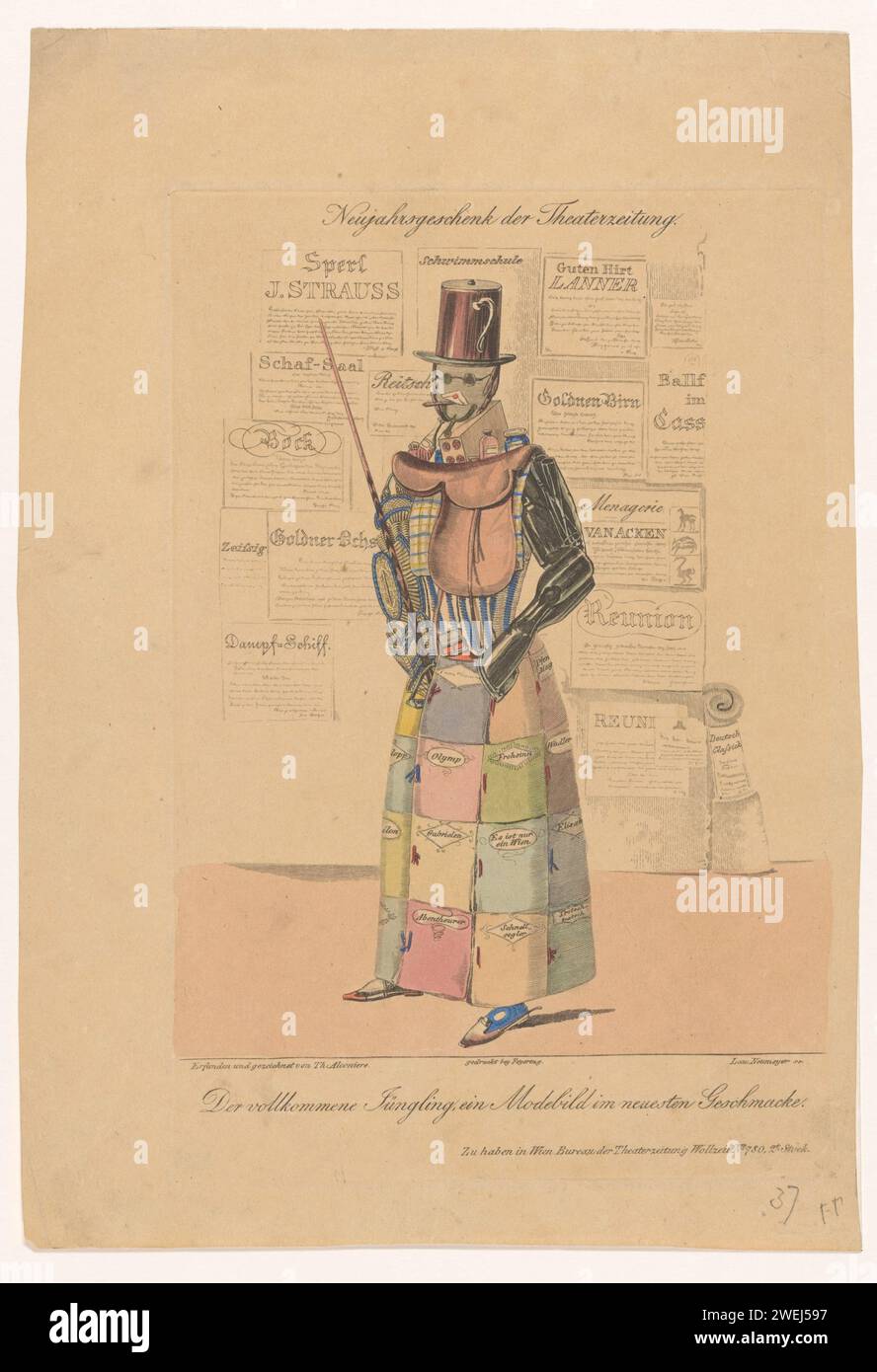 Satire on the latest fashion, 1836 print A figure with a wise stick ...