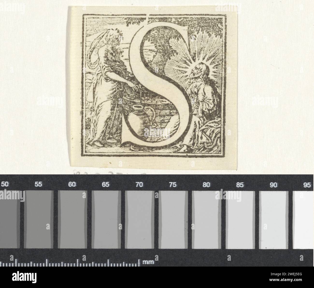 Letter S in a frame with a performance by Christ and the Samaritan ...