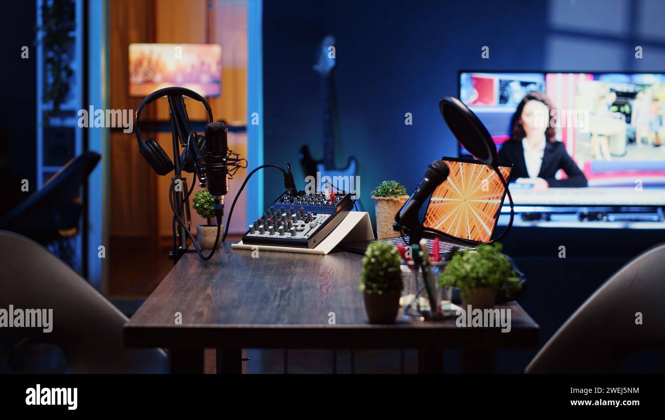 Panning shot of empty room in home production studio with sound ...