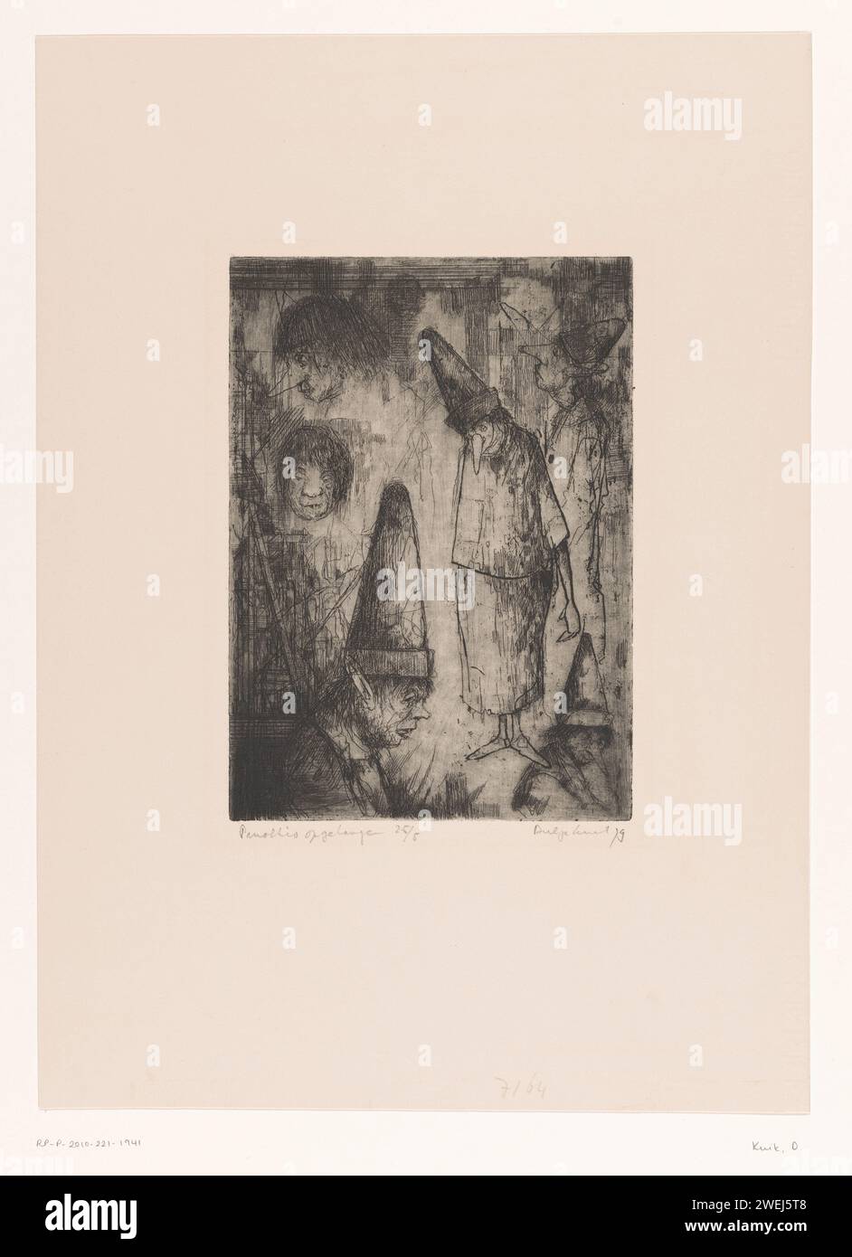 Pinocchio hung, 1979 print Hung man with long nose and pointed hat ...