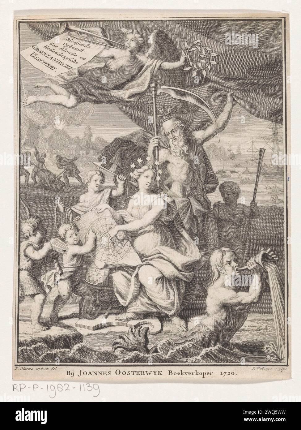 Allegorical show with wife, father Tijd and Putti, Jacob Folkema, After Frederik Ottens, 1720 ...