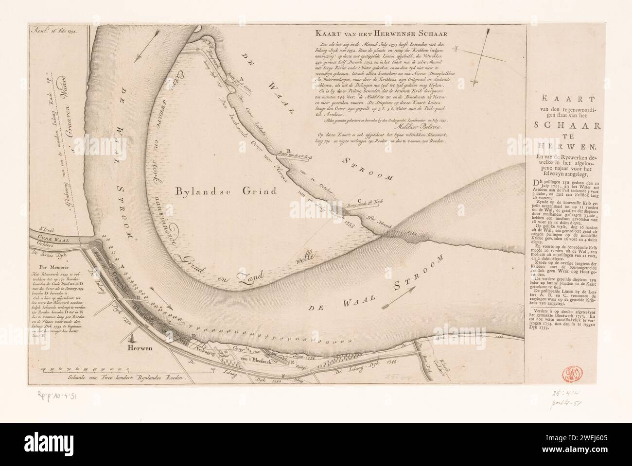 Map of the bend in the Waal near Herwen, Anonymous, 1754 print Above ...