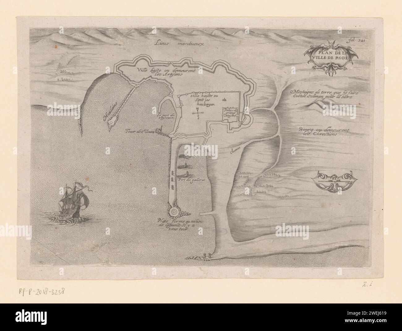 Fortress map of the city of Rodos, Anonymous, c. 1550 - c. 1600 print ...