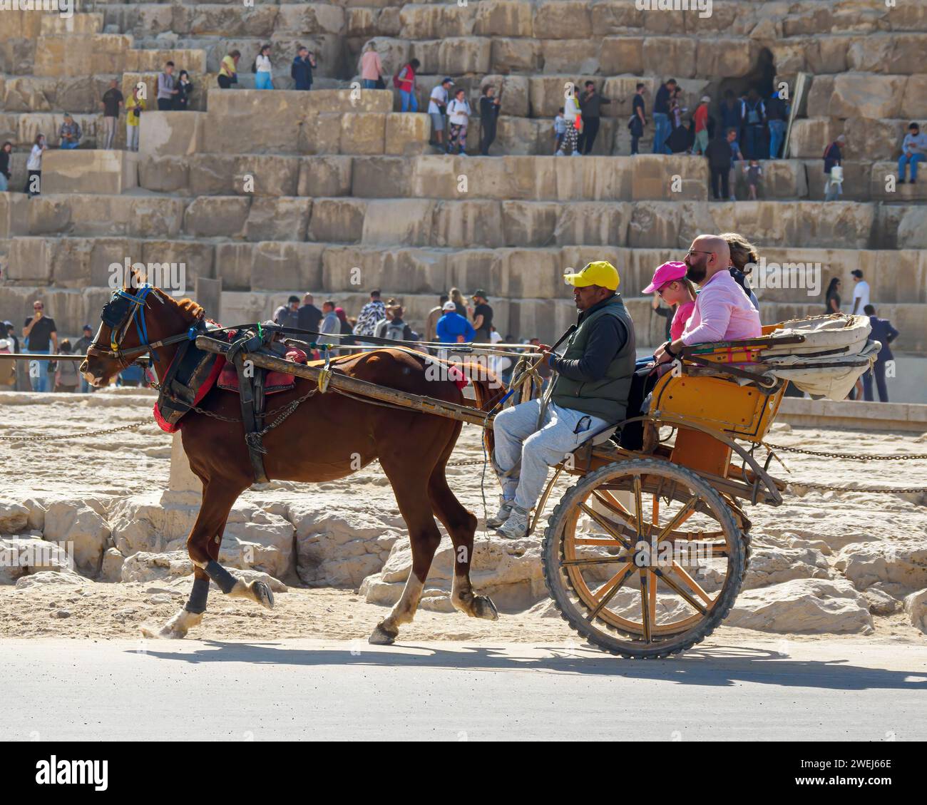 Tourists on a horse ride in front of the Great Pyramid of Giza, the ...