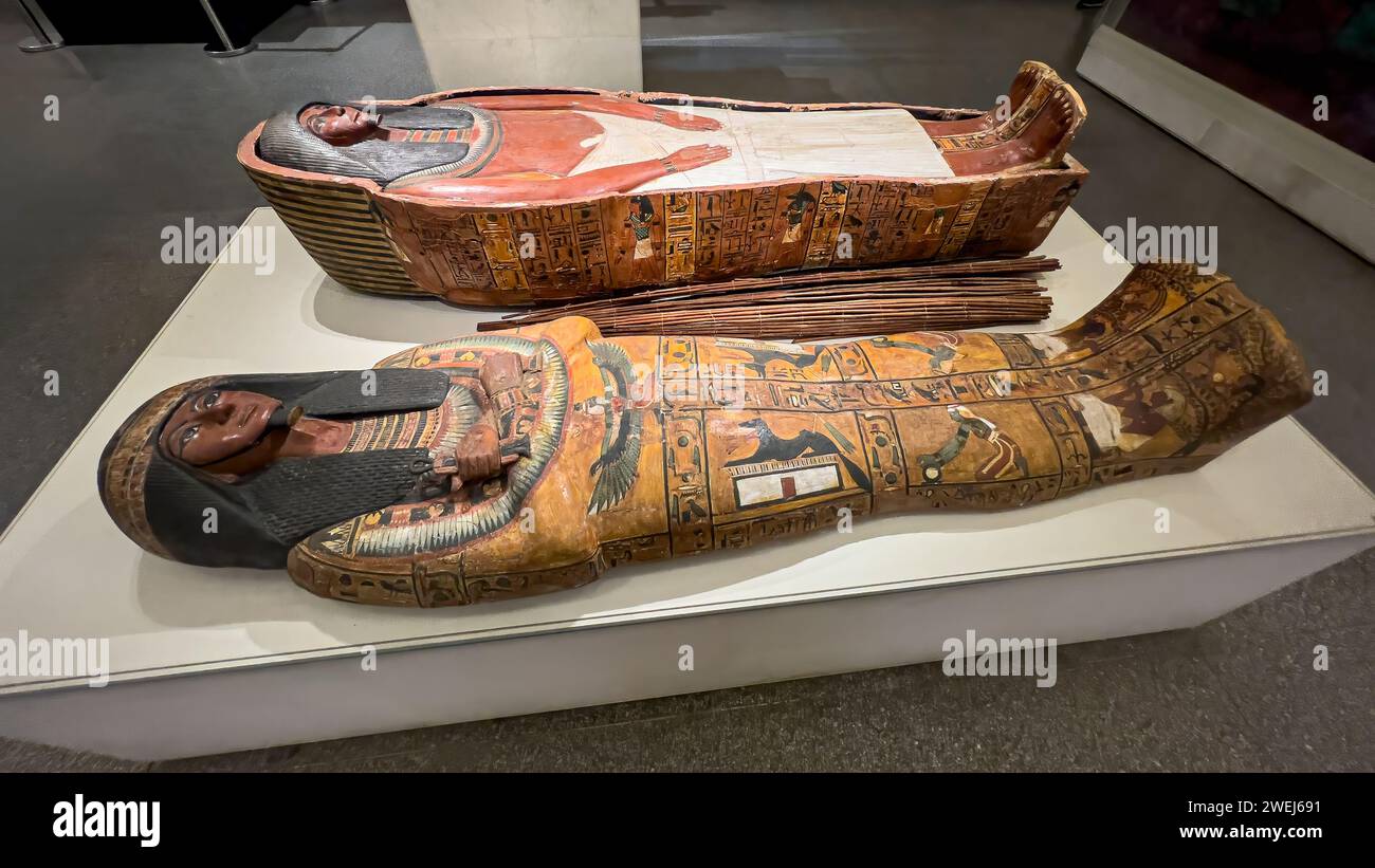 View of the remains of an ancient Egyptian Sarcophaguses on display at ...