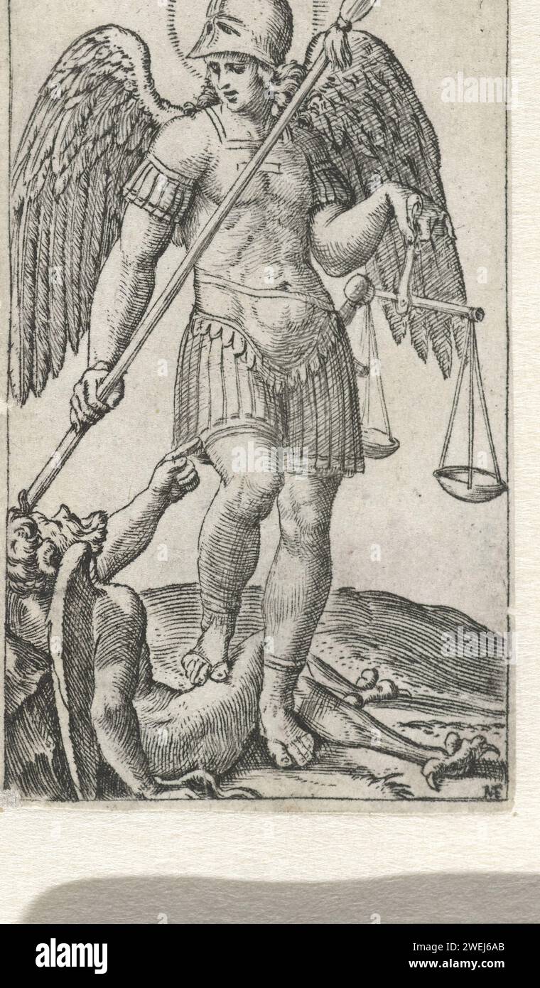 Archangel Michaël standing on devil with spear and scales, Marcantonio ...