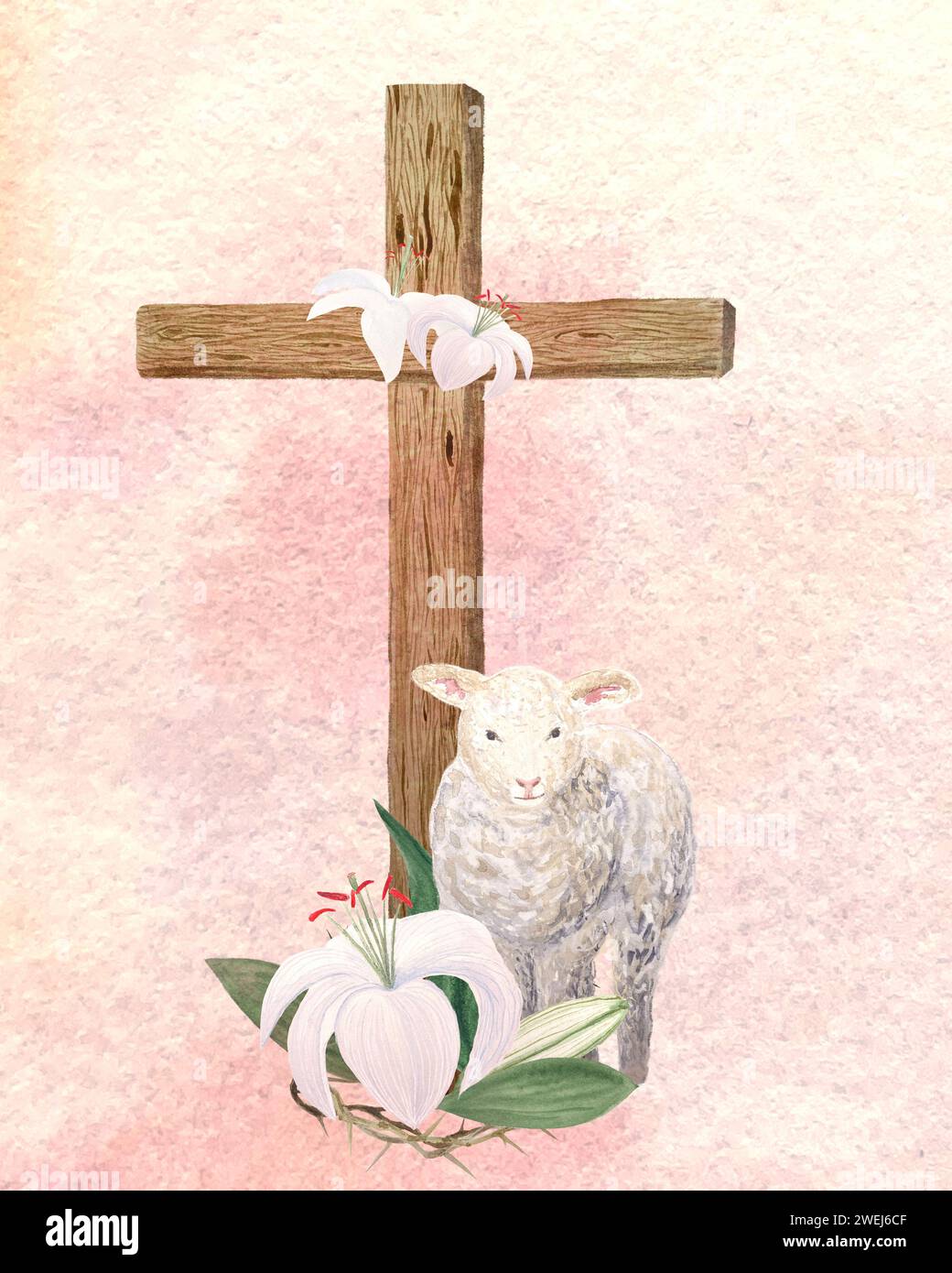 Watercolor wooden cross lamb lilies card for Easter, holy Thursday, religious illustration on ...