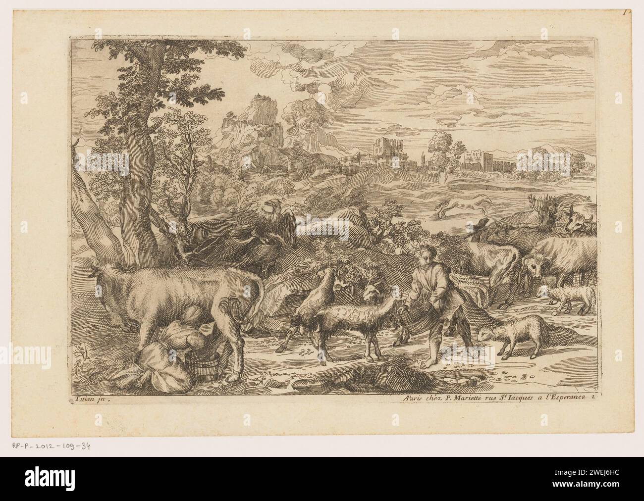 Landscape with a cow milking woman in the midst of a herd, Moise Jean ...