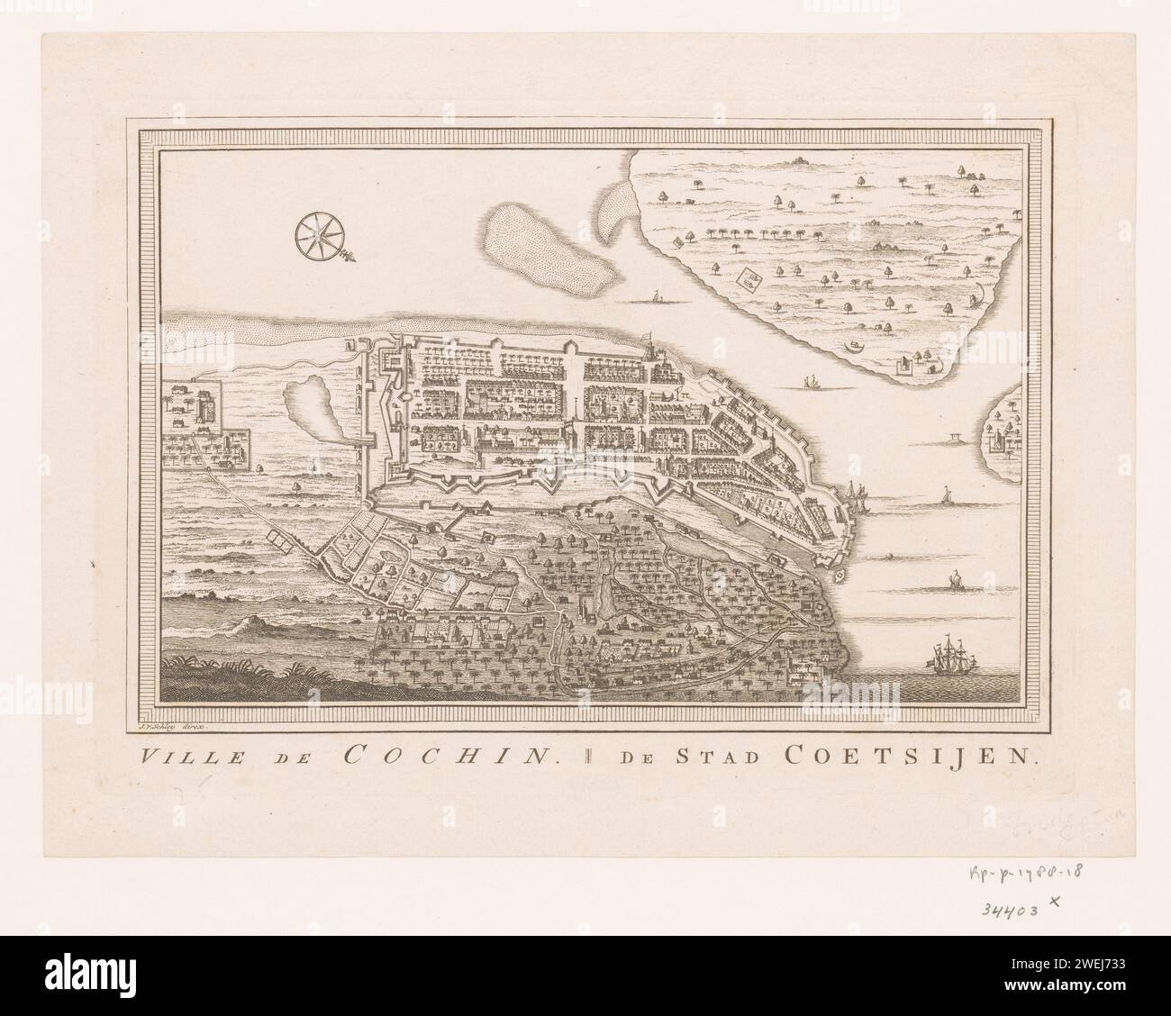 Map of Kochi and surroundings, Jacob van der Schley, 1767 print ...