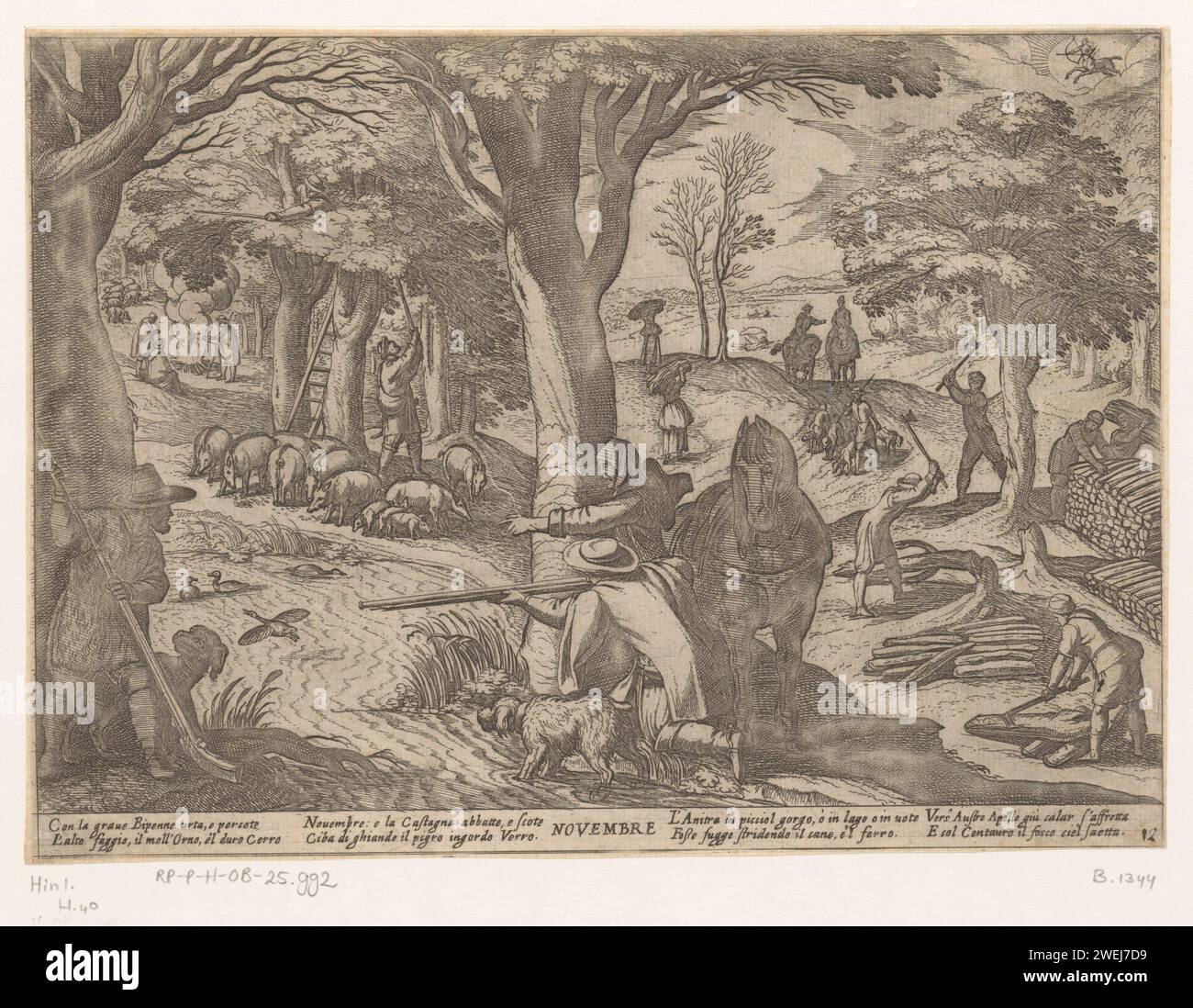 November: Bird hunt and trees (archer), Antonio Tempesta, 1599 print ...