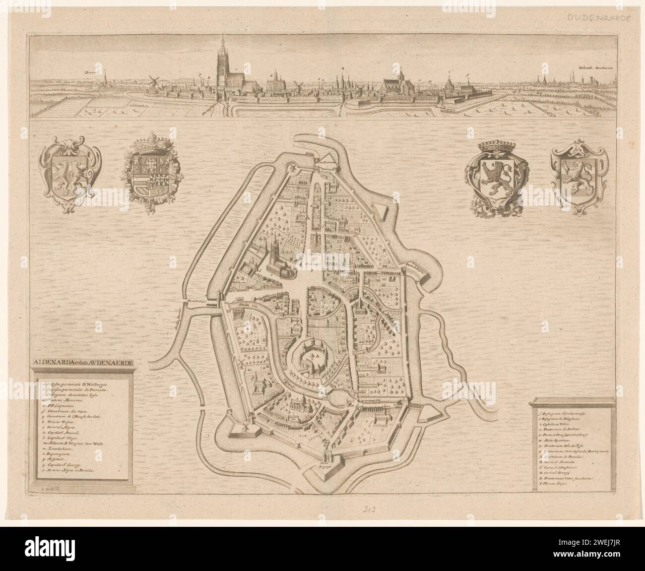 Map of and face to Oudenaarde, Reynier Blokhuysen, 1735 print Above a ...