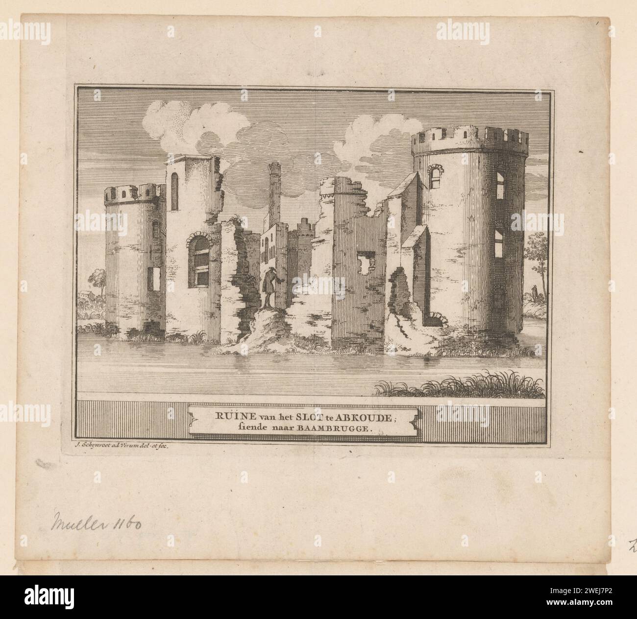 Face Lock Abcoude, Jacobus Schijnvoet, 1711 print paper etching castle. landscape with tower or ...