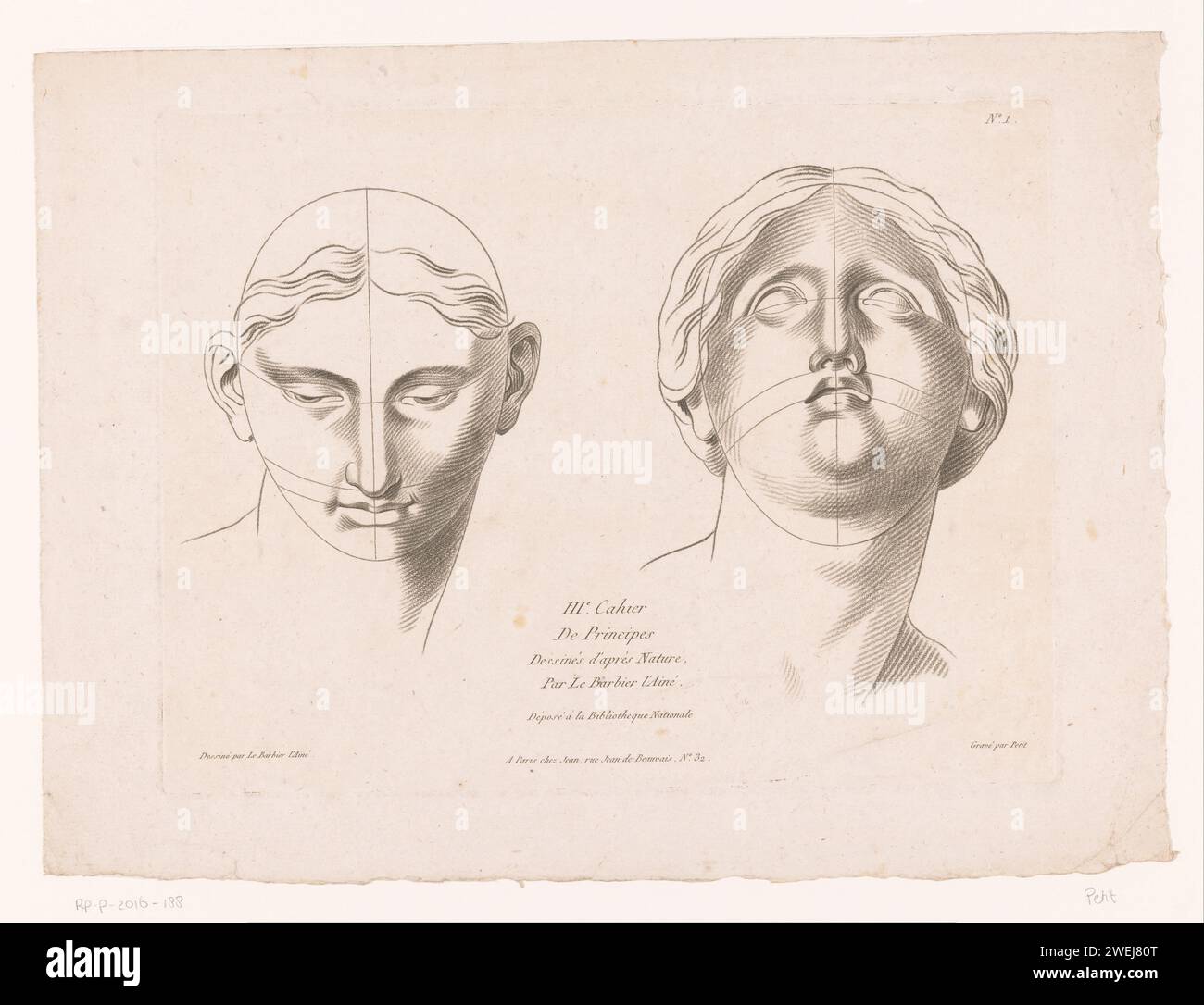 Title print with two women's heads in schematic view, Petit (engraver ...