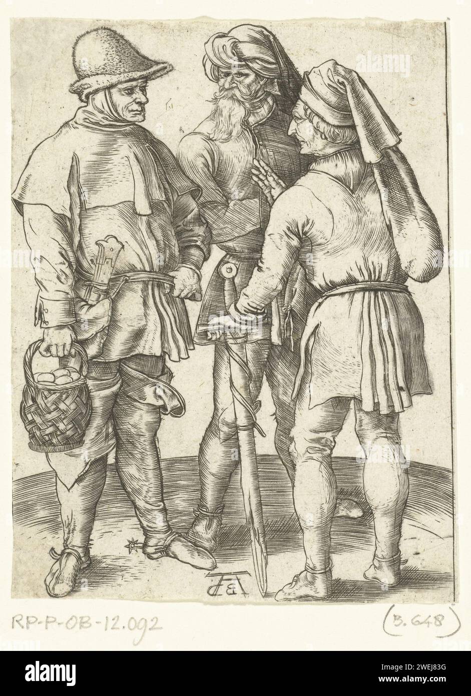 Three farmers in conversation, monogrammist ADB, After Abraham de Bruyn ...