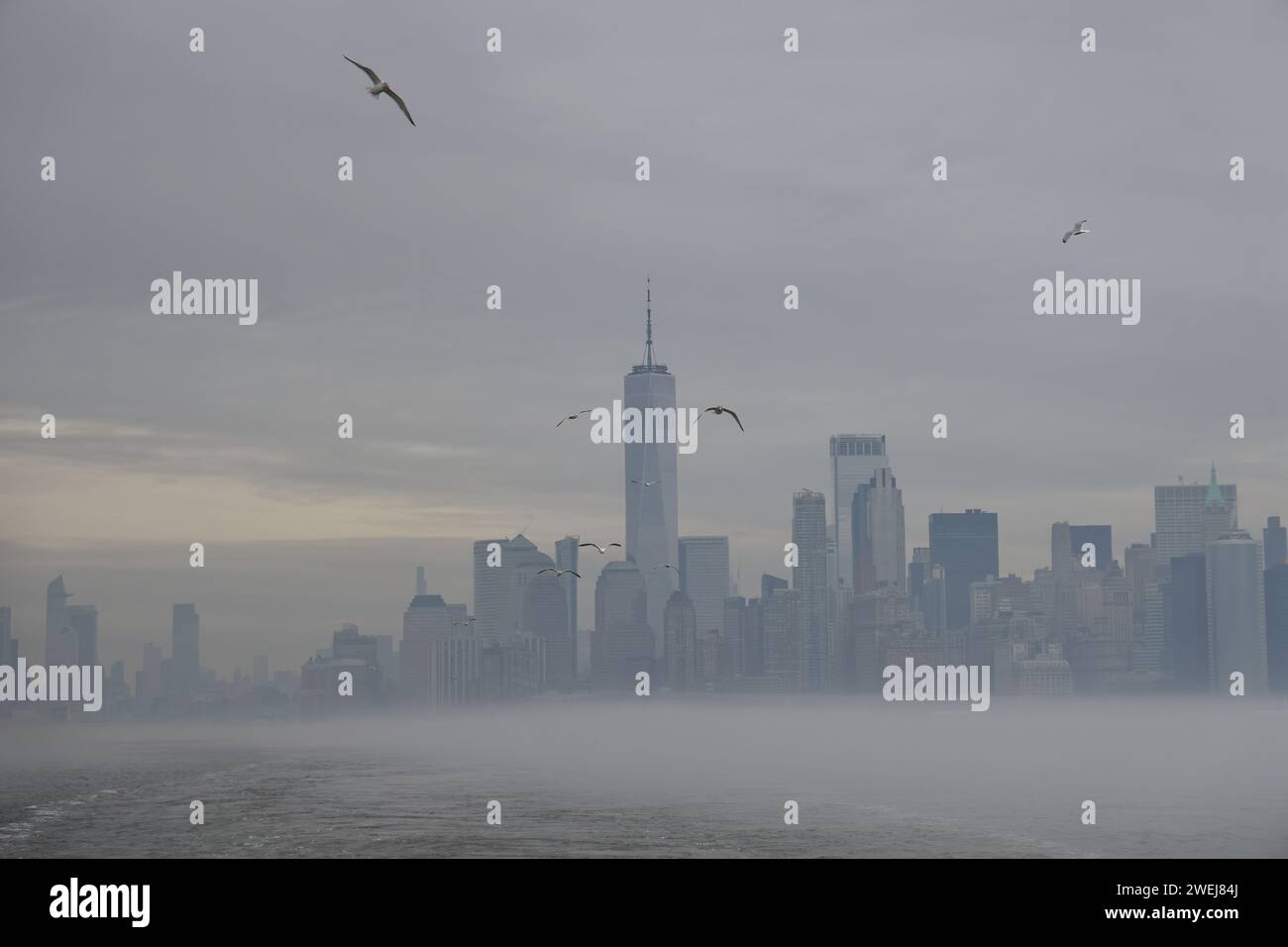 A view of lower Manhattan is seen on board the Staten Island Ferry in ...