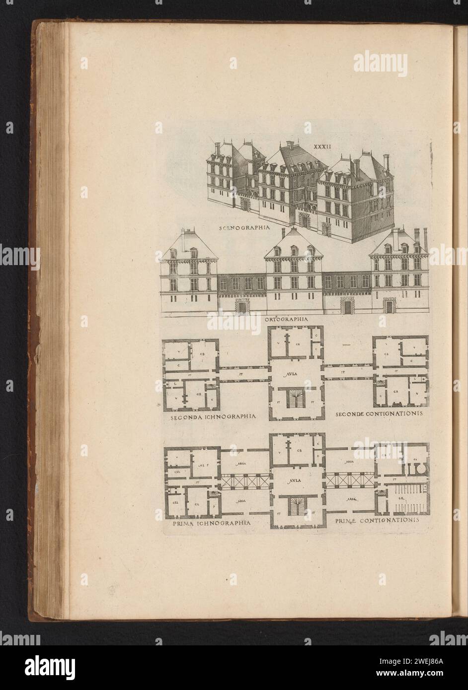 Bird flight perspective, facade and floor plans, Jacques Androuet, 1559 ...