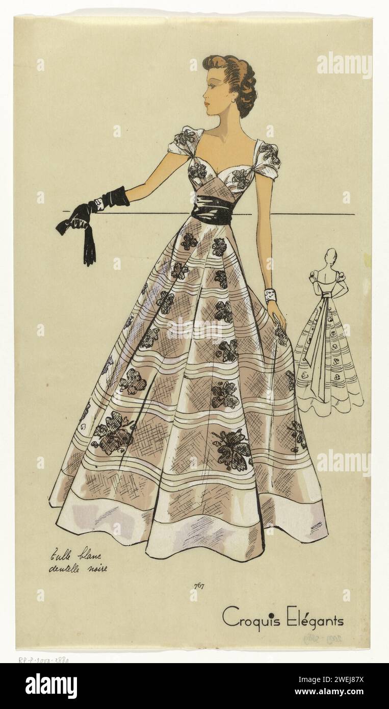 Elegant sketch, 1939, No. 767: Tule Blanc Dark Black, 1939 Evening gown ...