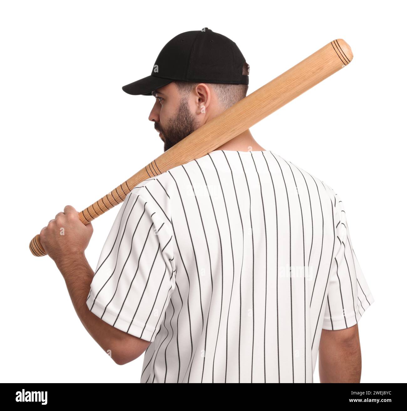 Man in stylish black baseball cap holding bat on white background, back ...
