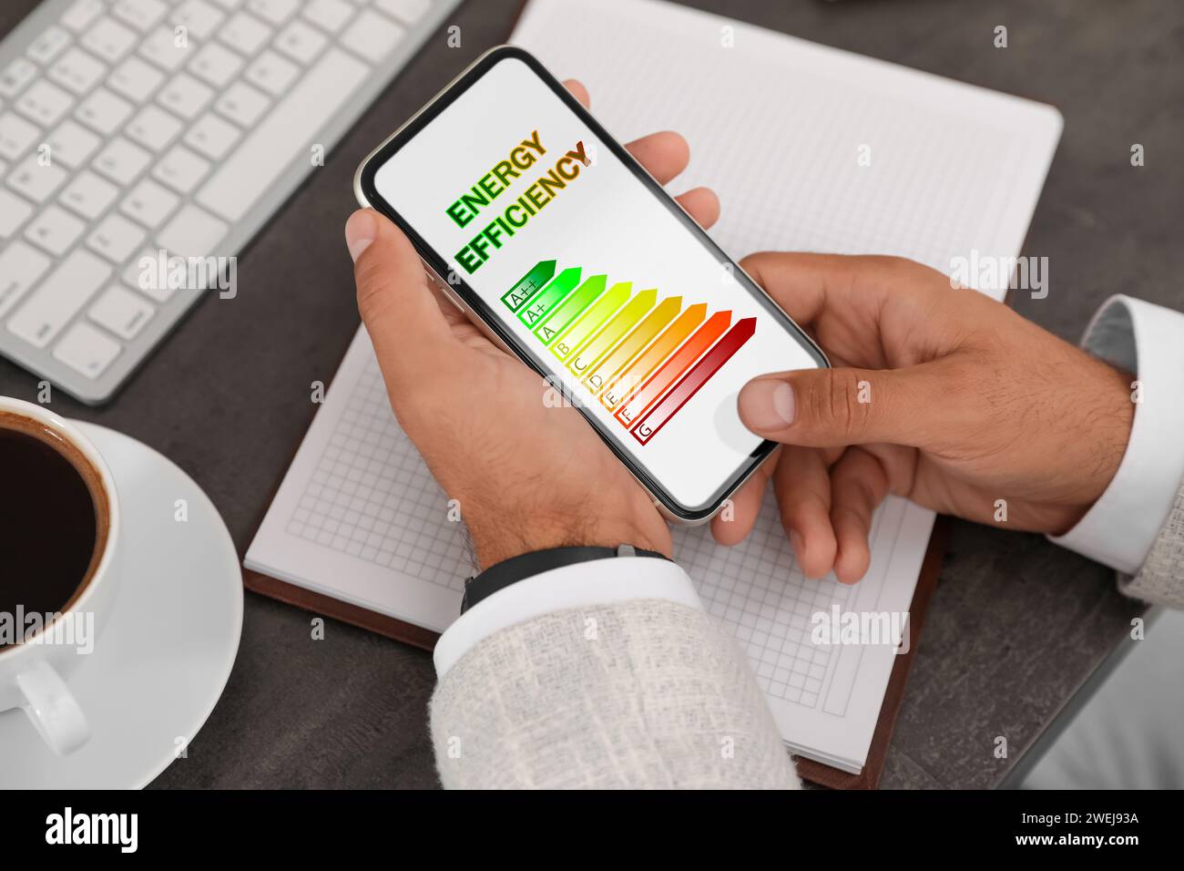Energy efficiency. Man using smartphone with colorful rating on display ...