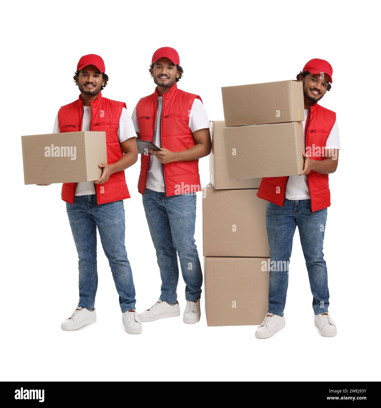 Delivery service. Happy courier with cardboard boxes on white ...