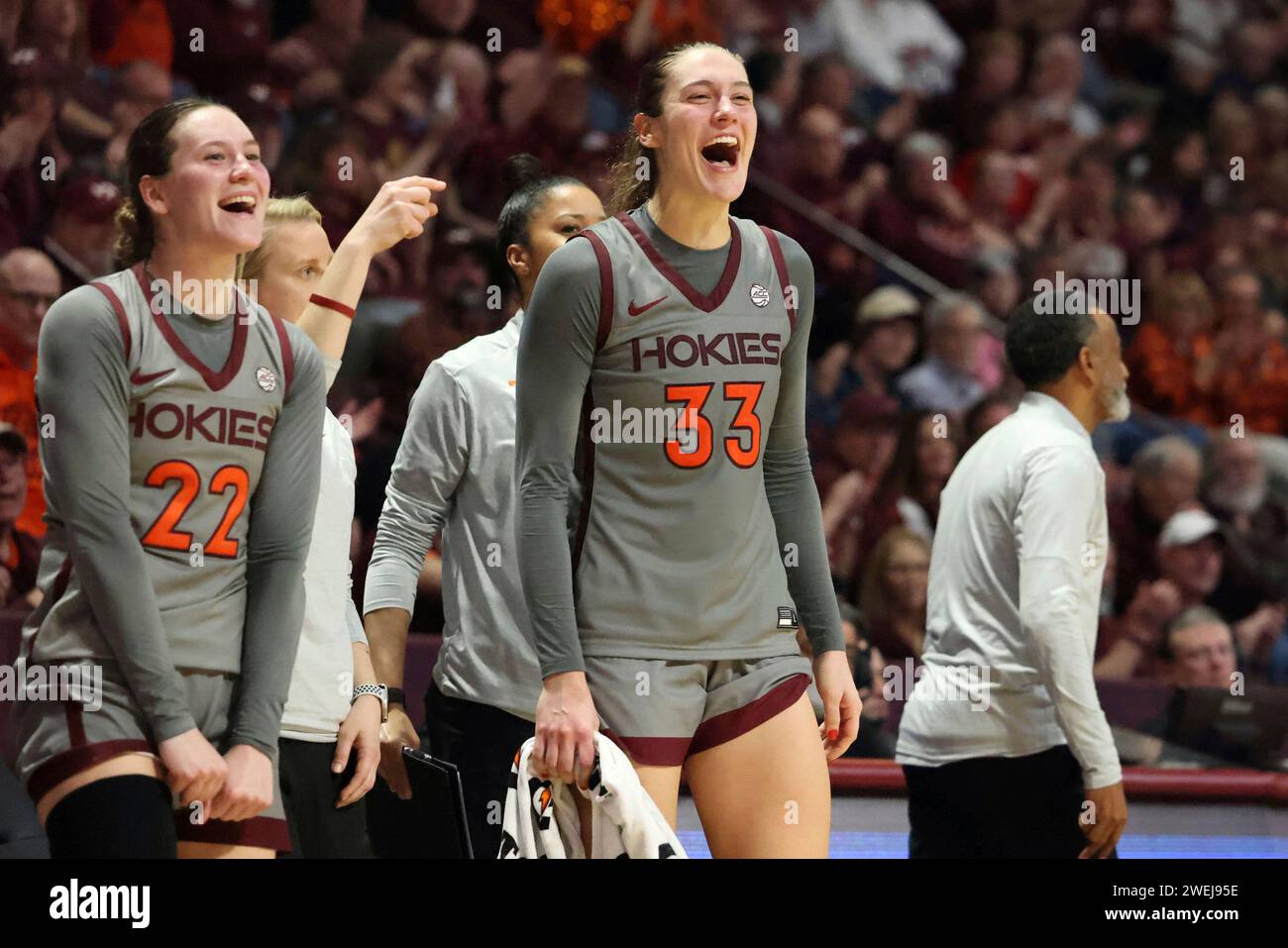 Virginia Tech's Cayla King (22) and Elizabeth Kitley (33) celebrate in ...