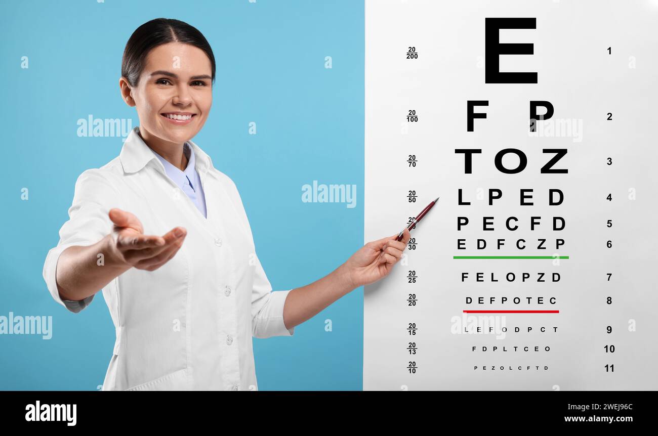 Ophthalmologist pointing at vision test chart on light blue background ...