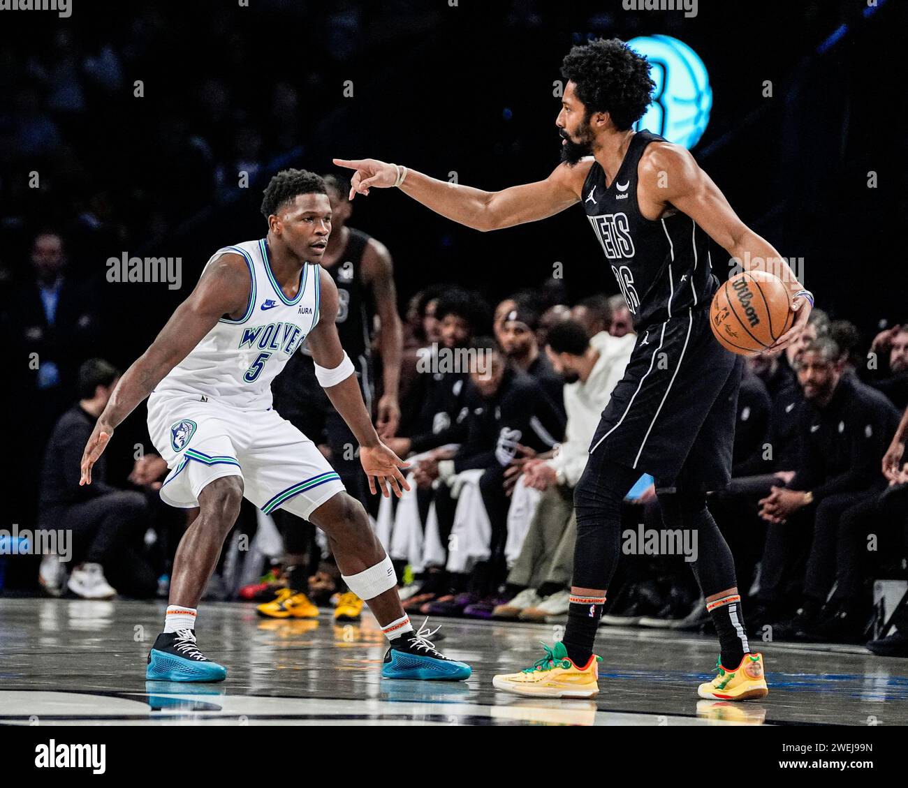 Brooklyn Nets guard Spencer Dinwiddie, right, is defended by Minnesota ...