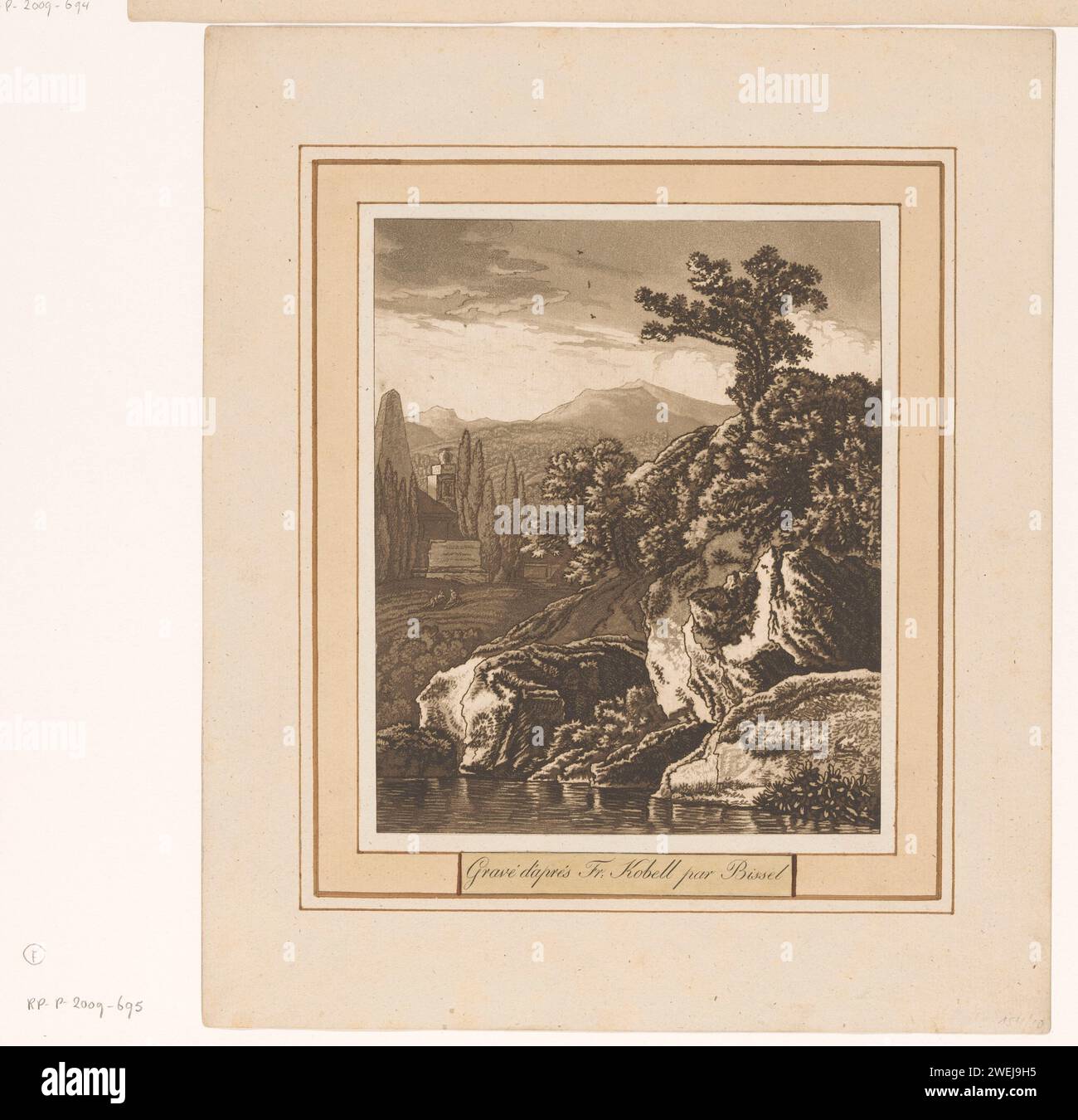 Rocky landscape with water, grave monuments in the background, 1791 ...