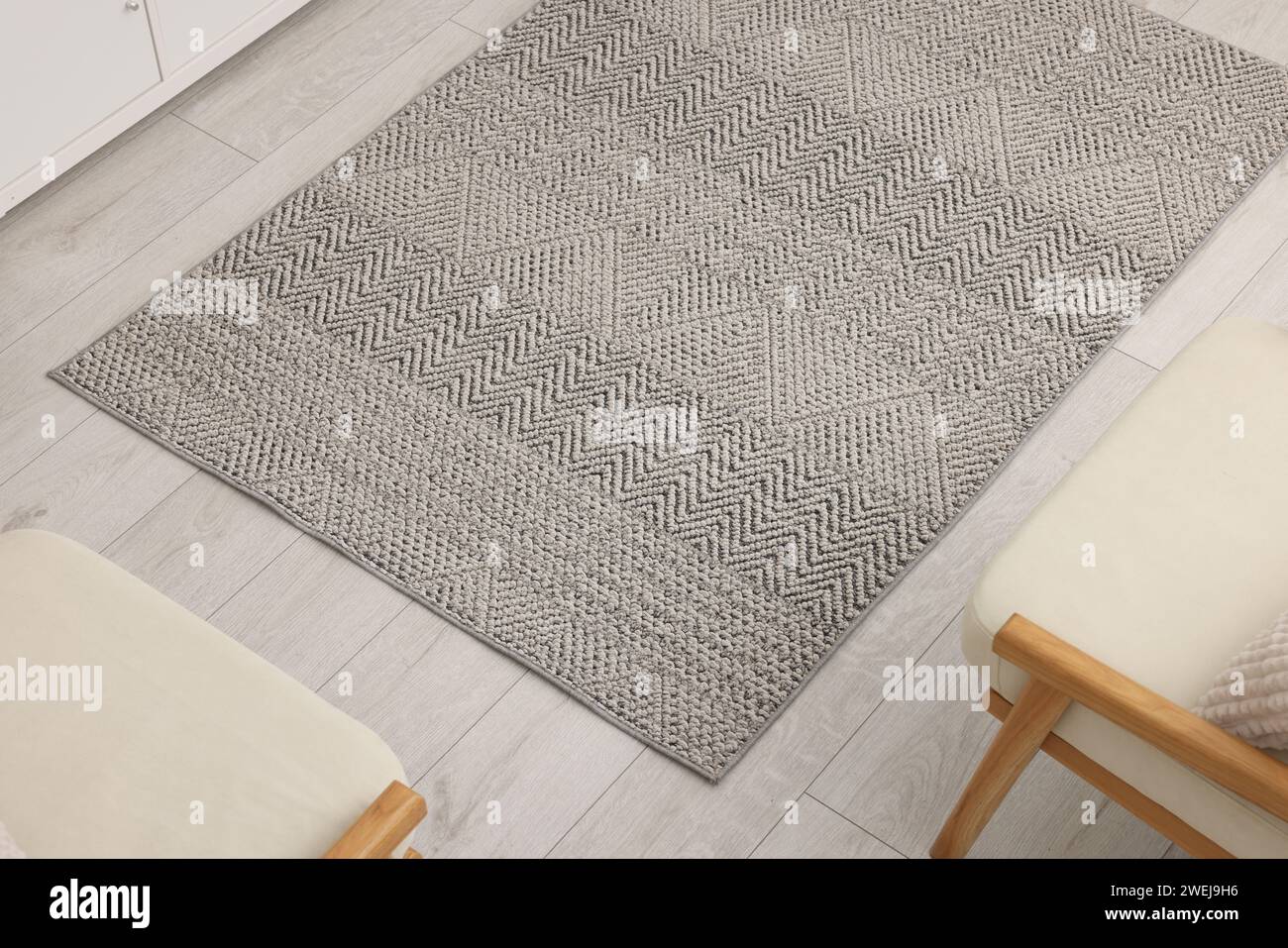 Stylish rug and furniture in room, above view. Interior design Stock ...
