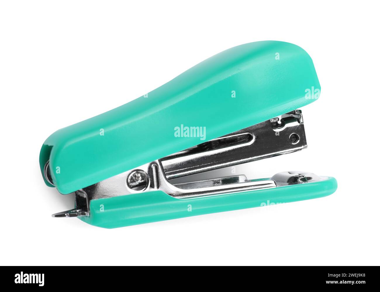 One turquoise stapler isolated on white, top view Stock Photo - Alamy